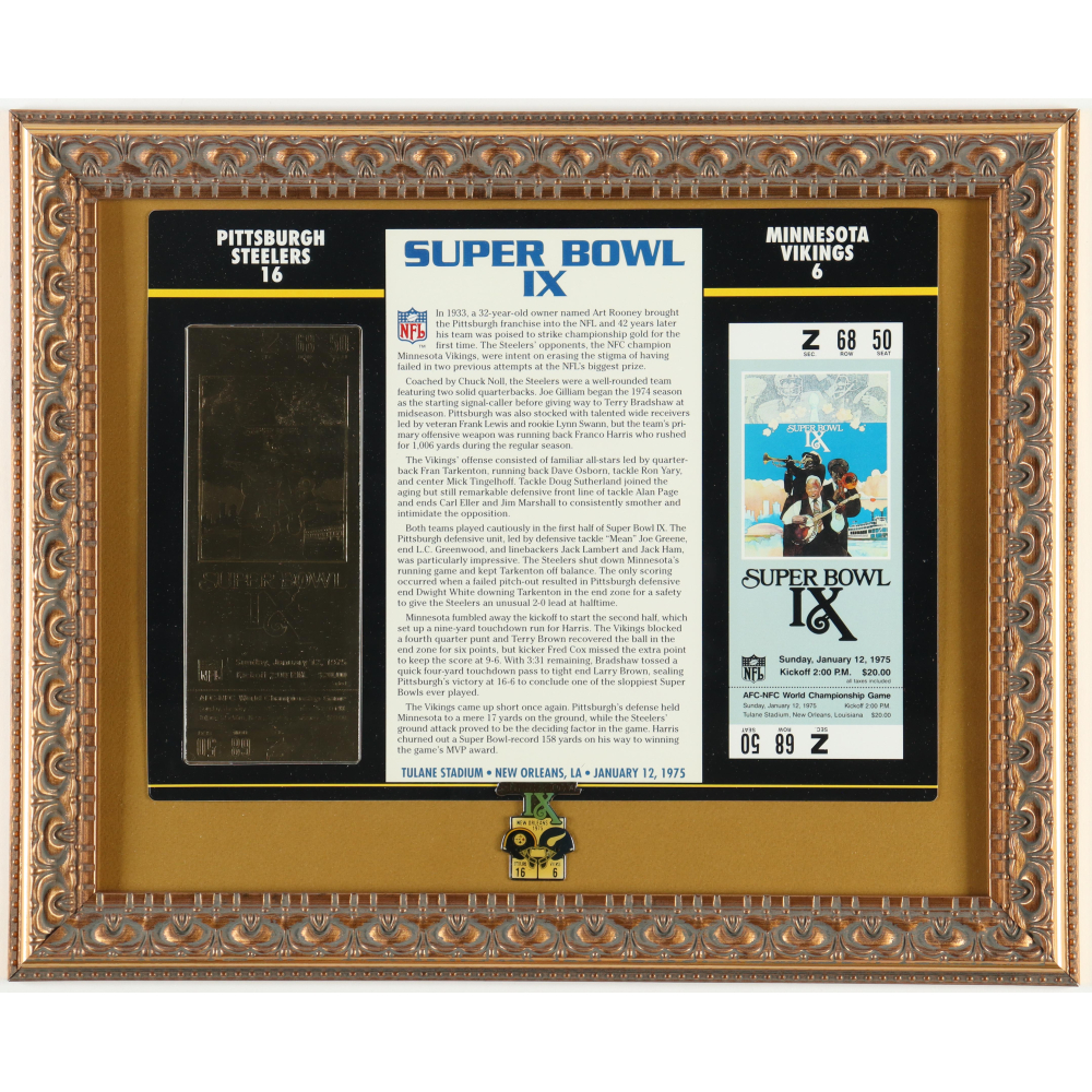 Super Bowl IX Commemorative Custom Framed Score Card Display with 23kt ...