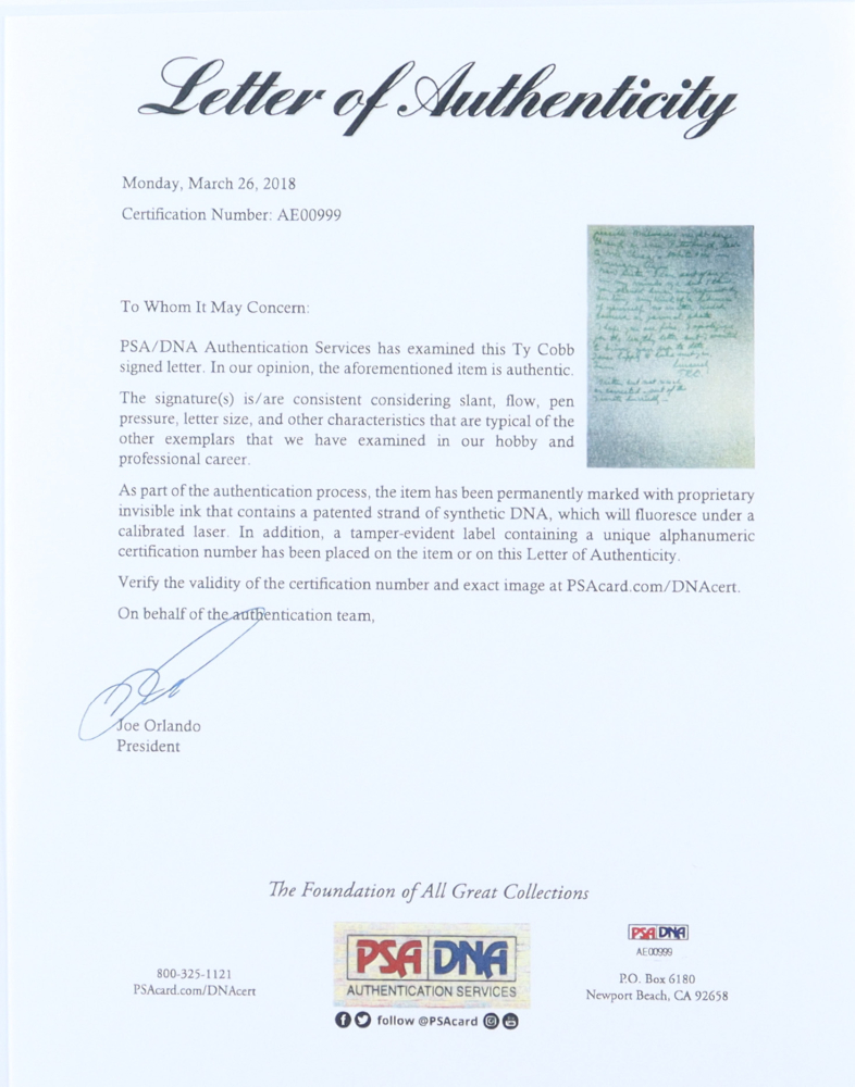 Ty Cobb Hand-Written Tigers Custom Matted Cut Display (PSA) | Pristine ...