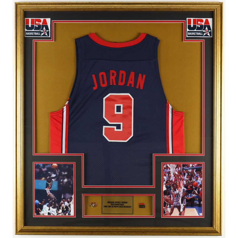 Michael Jordan Team USA Custom Framed Jersey Display with (2) Official USA Basketball & Olympic ...