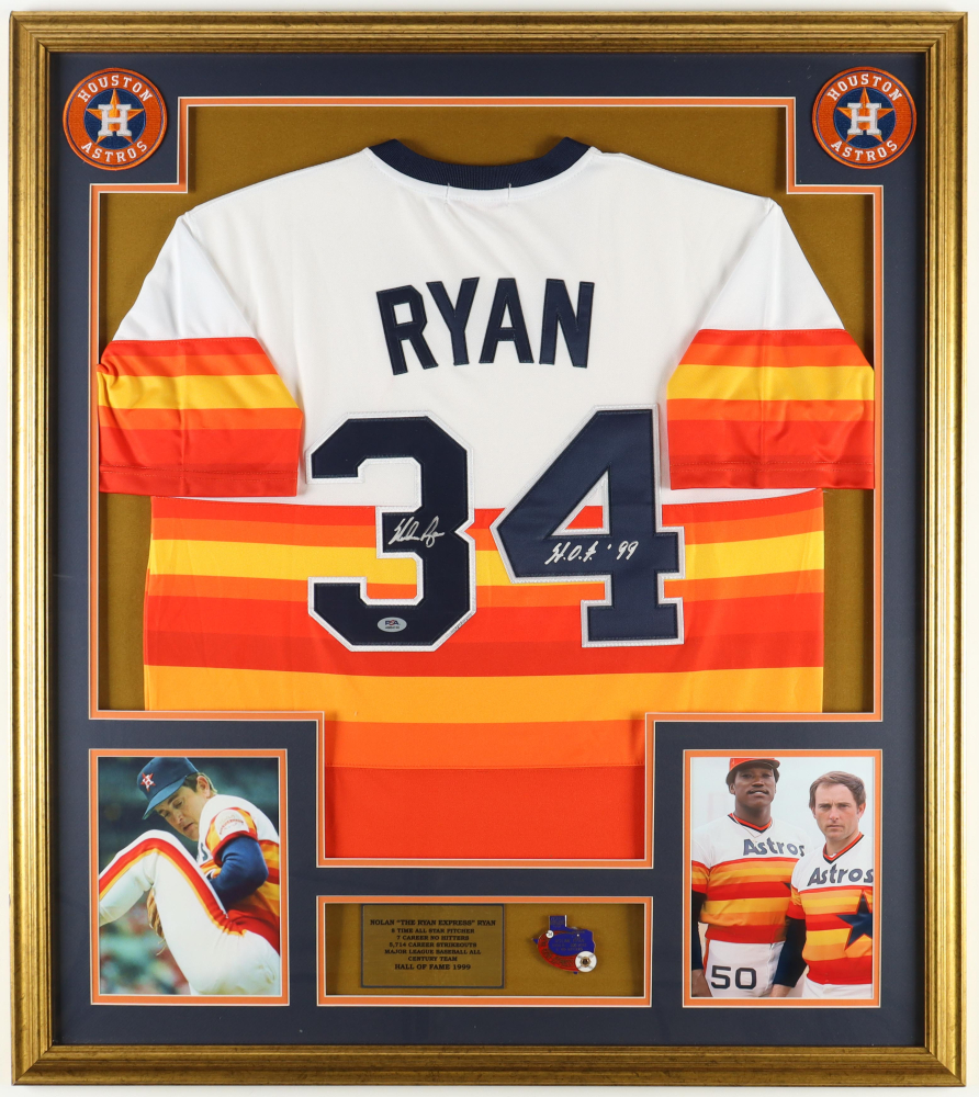 Nolan Ryan Signed Custom Framed Jersey Display Inscribed "H.O.F. 99 ...