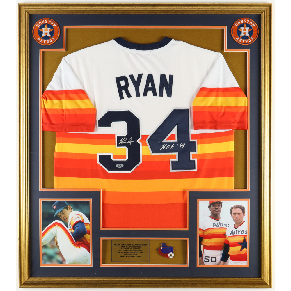 Nolan Ryan Signed Custom Framed Jersey Display Inscribed "H.O.F. 99 ...