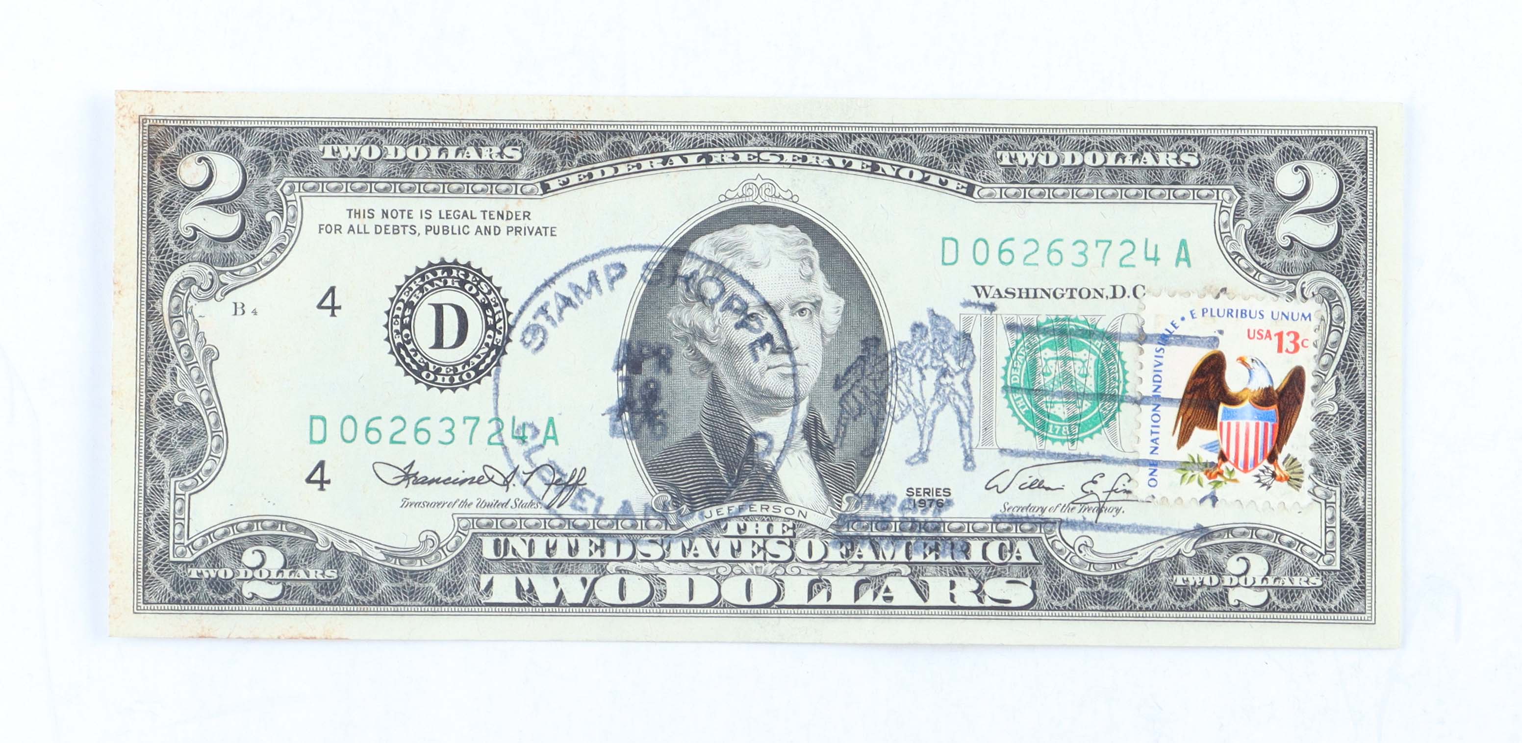 1976 First Day Issue $2 Two Dollars Legal Tender Banknote with U.S ...