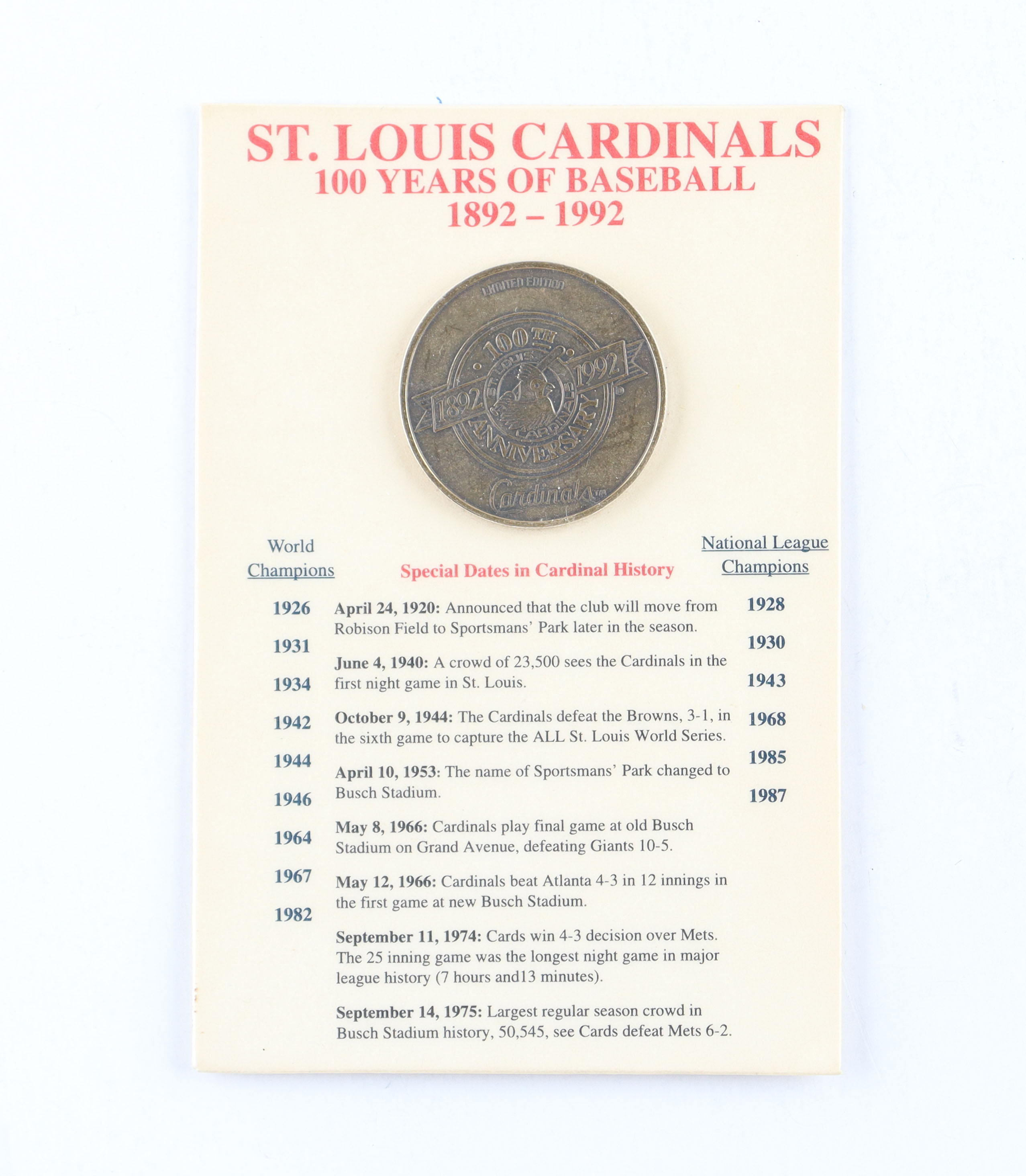 St. Louis Cardinals 100 Years Of Baseball Coin | Pristine Auction