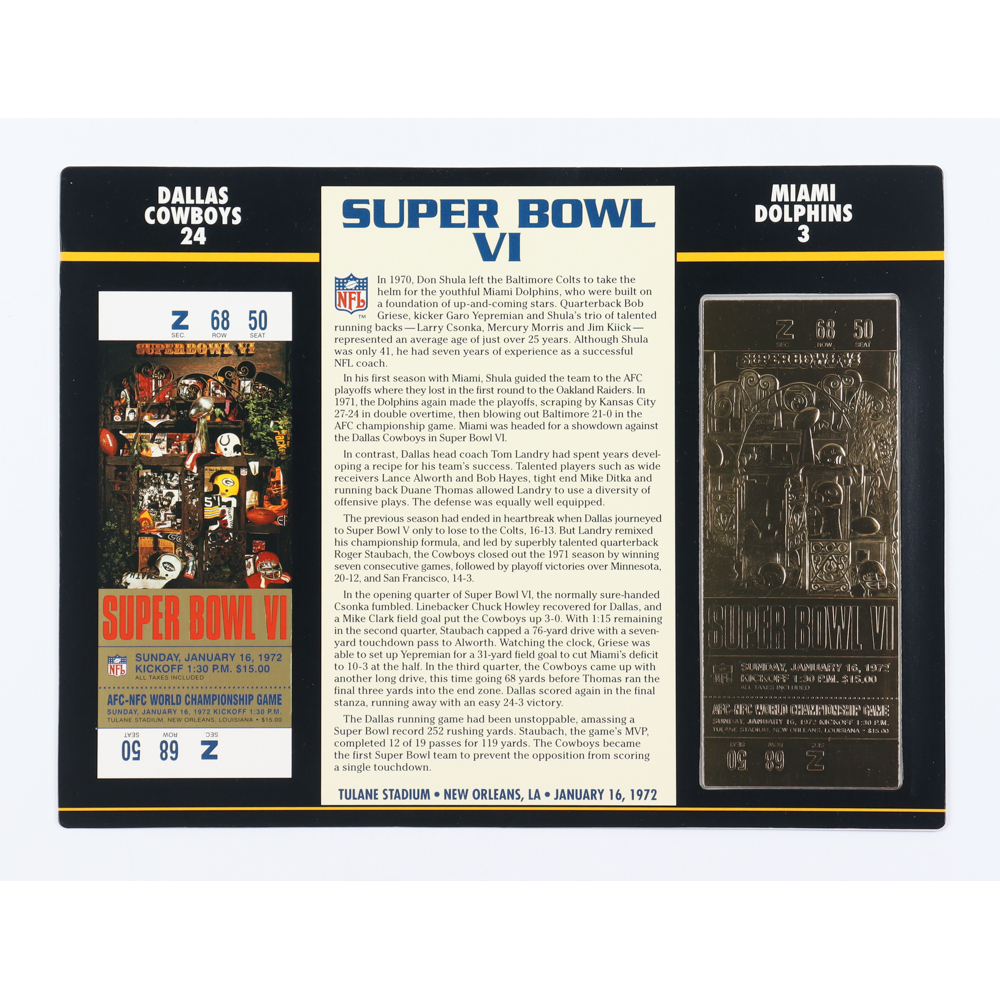 Super Bowl VI Commemorative 9x12 Score Card Display with 23kt Gold ...