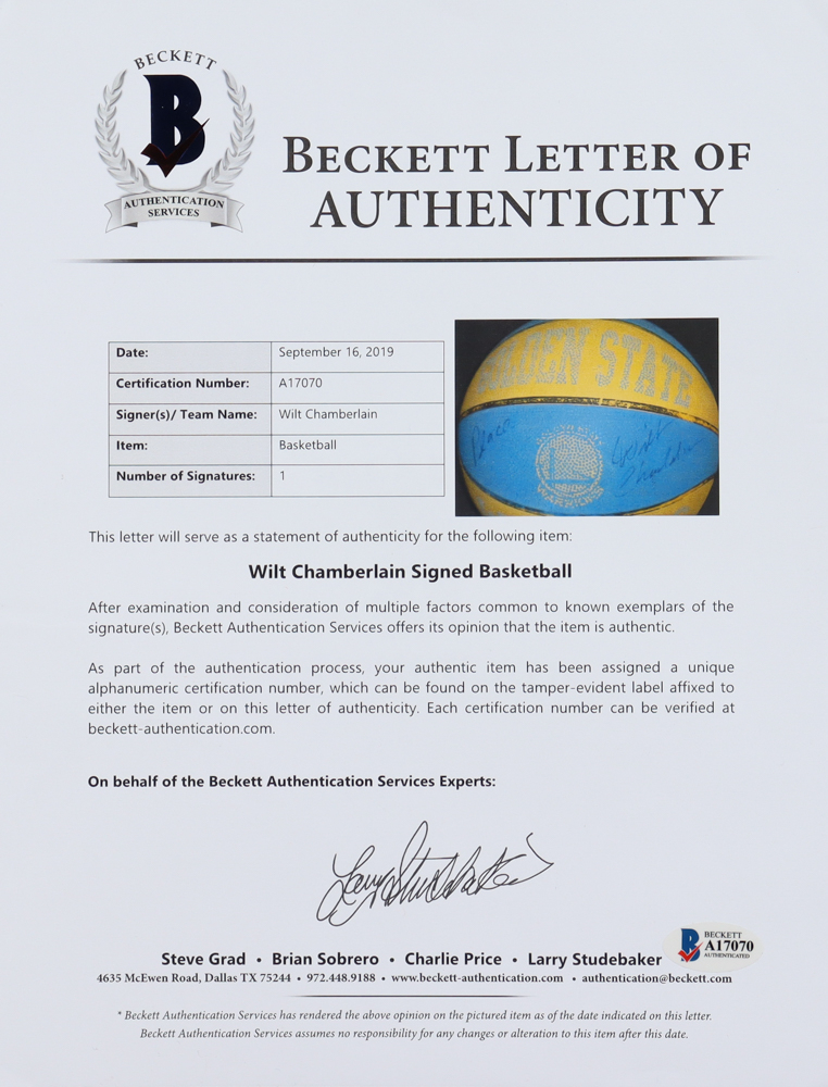 Wilt Chamberlain Signed Warriors Logo Basketball Inscribed "Peace ...