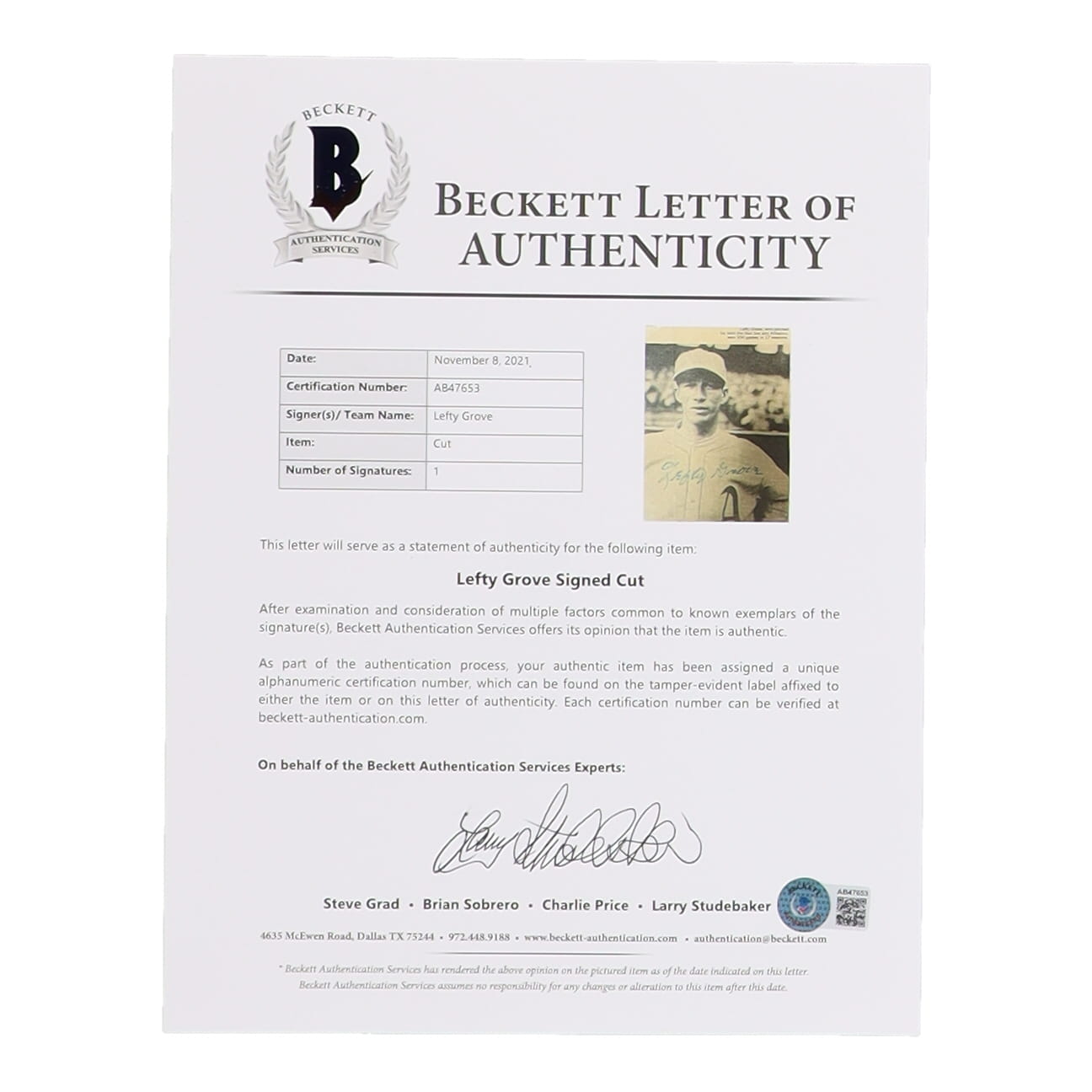 Lefty Grove Signed 3.5x5 Photo (Beckett) | Pristine Auction