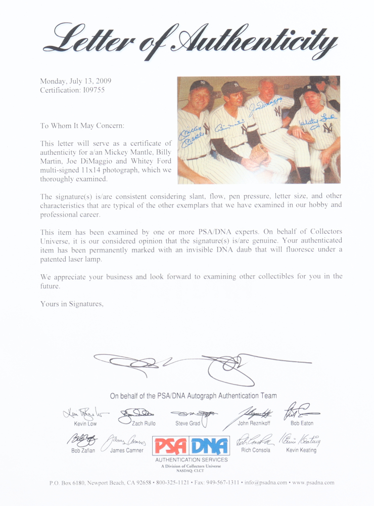 Yankees Legends 11x14 Photo Signed By (4) with Mickey Mantle, Billy ...