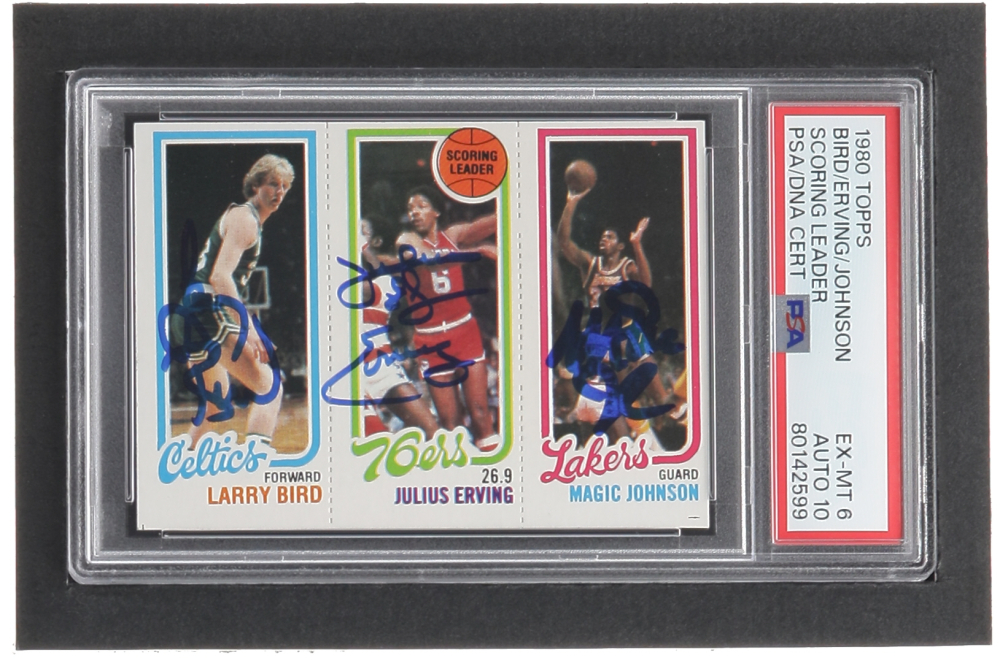Larry Bird, Julius Erving & Magic Johnson Signed 1980-81 Topps #6 34 RC /174 TL / 139 RC (PSA Ex ...
