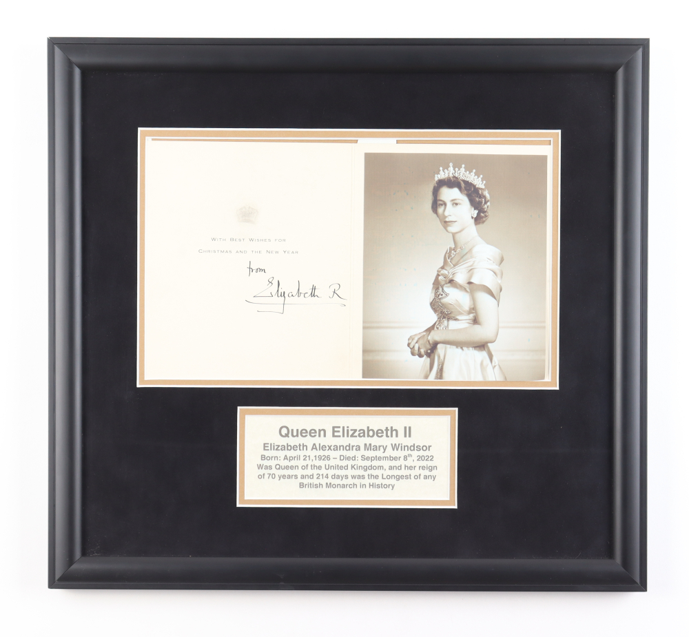 Queen Elizabeth II Signed Custom Framed Vintage Holiday Card Display Inscribed "From" (PSA ...