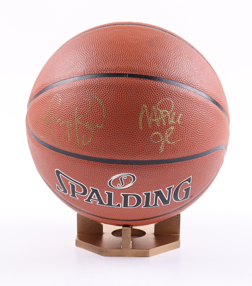 Larry Bird and Magic Johnson Signed Spalding Basketball with Golden Wood Display Stand (Beckett ...
