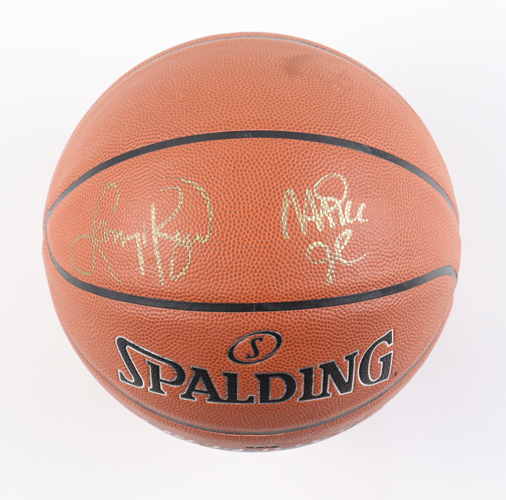 Larry Bird and Magic Johnson Signed Spalding Basketball with Golden Wood Display Stand (Beckett ...