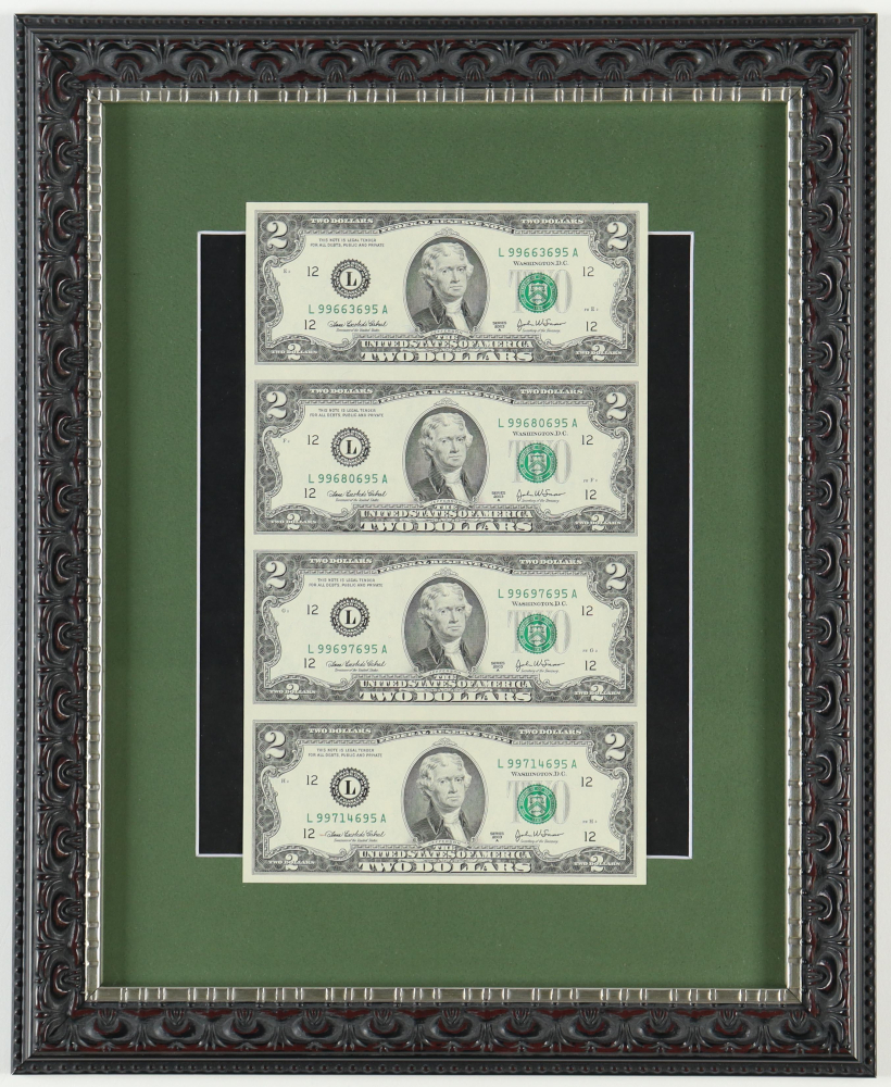 2003 U.S. $2 Dollar Bill Custom Framed Uncut Sheet Of (4) Bills ...