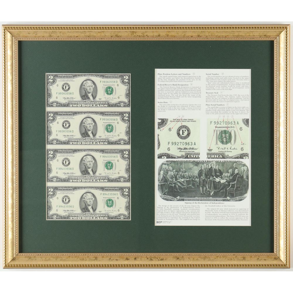 1995 U.S. $2 Dollar Bill Custom Framed Uncut Sheet Of (4) Bills ...