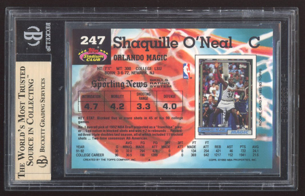 Shaquille O'Neal 1992-93 Stadium Club #247 RC (BGS 9.5) | Pristine Auction