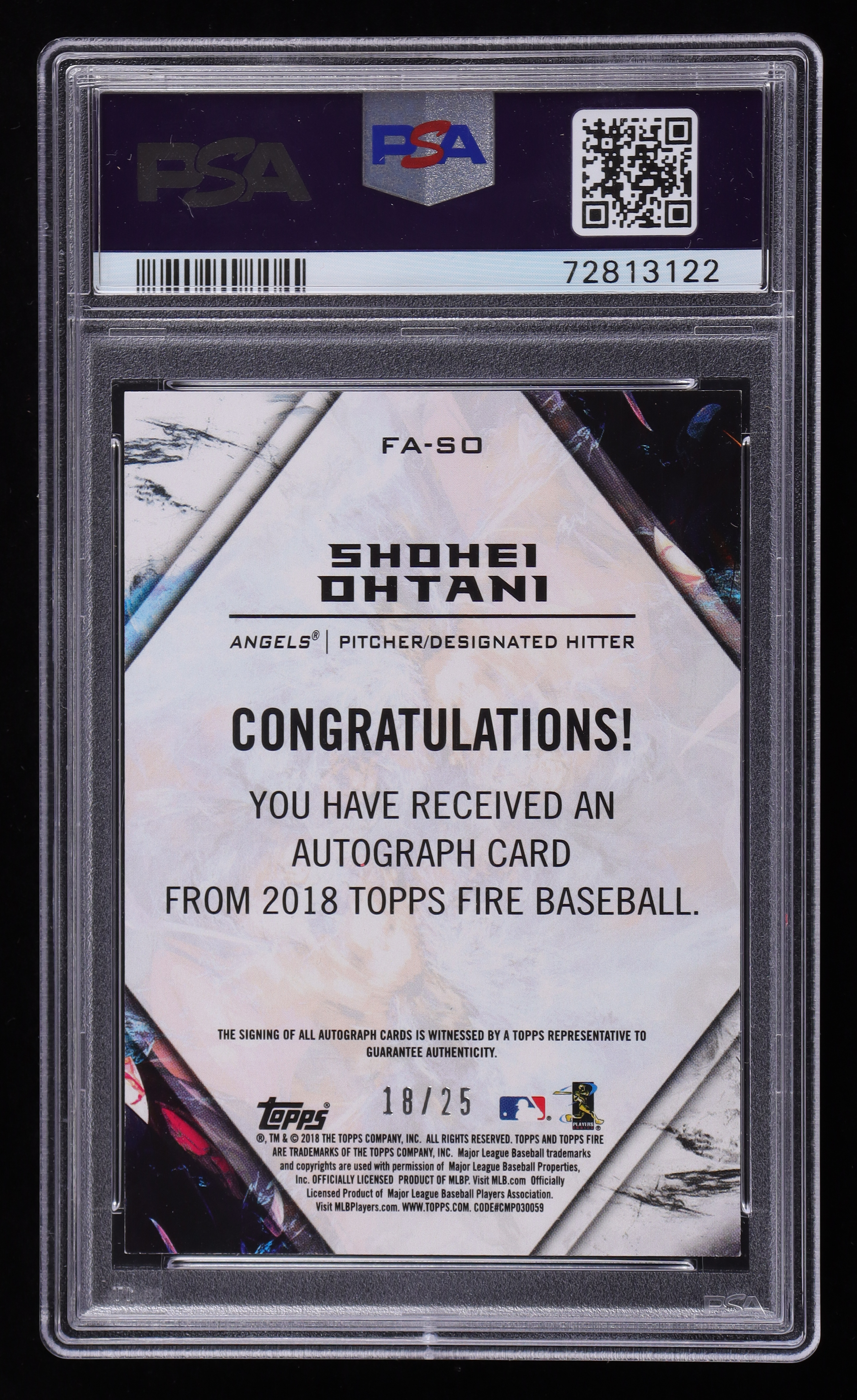 Shohei Ohtani 2018 Topps Fire Autographs Magenta RC #FASO #18/25 (PSA 8 ...