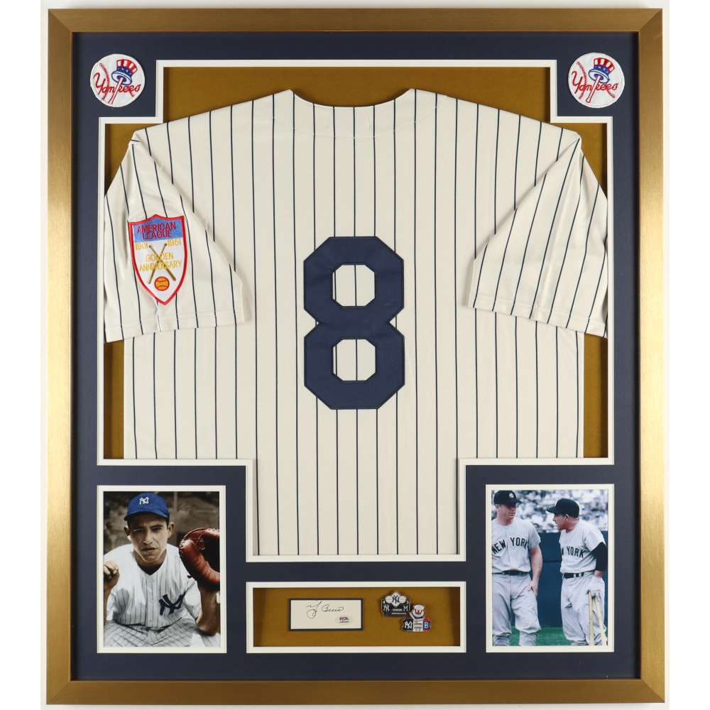 Yogi Berra Signed Custom Framed Cut Display With Pinstripe Jersey ...