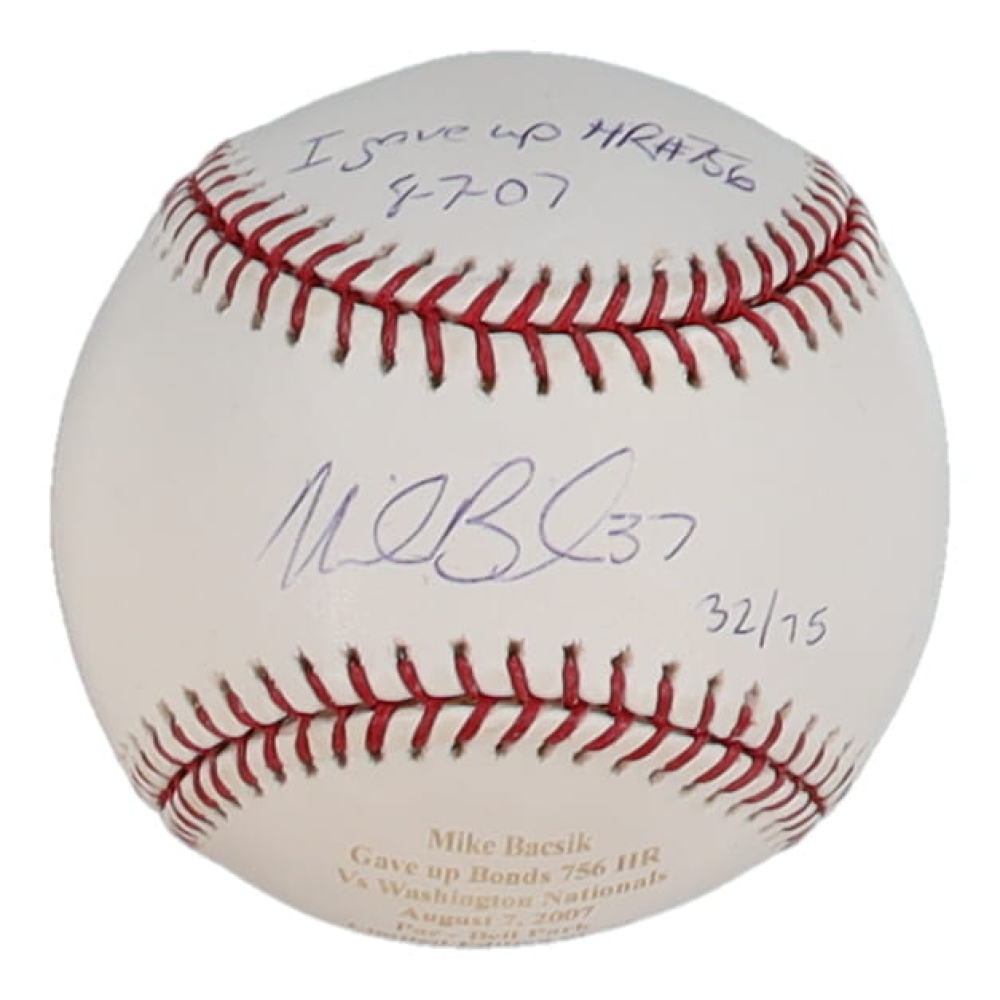 Mike Bacsik Signed LE OML Baseball Inscribed "I Gave Up HR #756 8-7-07 ...