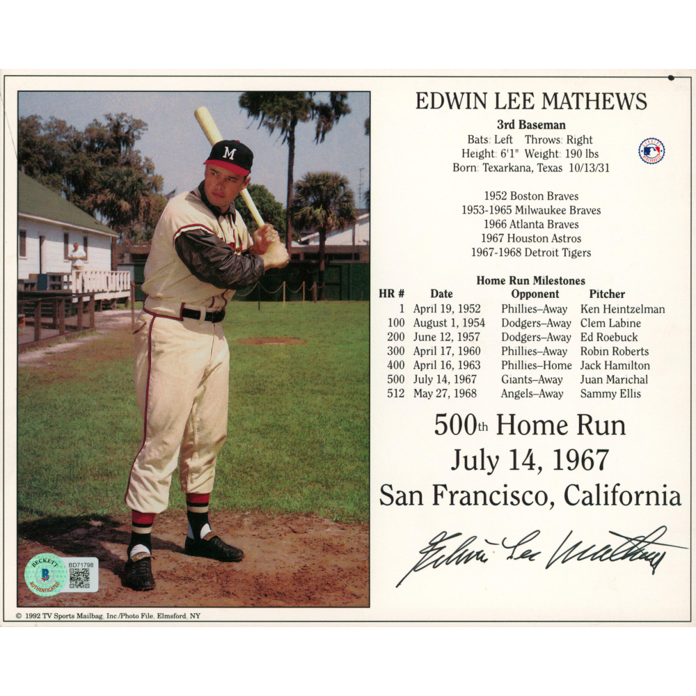 Eddie Mathews Signed Braves 8x10 Photo (Beckett) | Pristine Auction