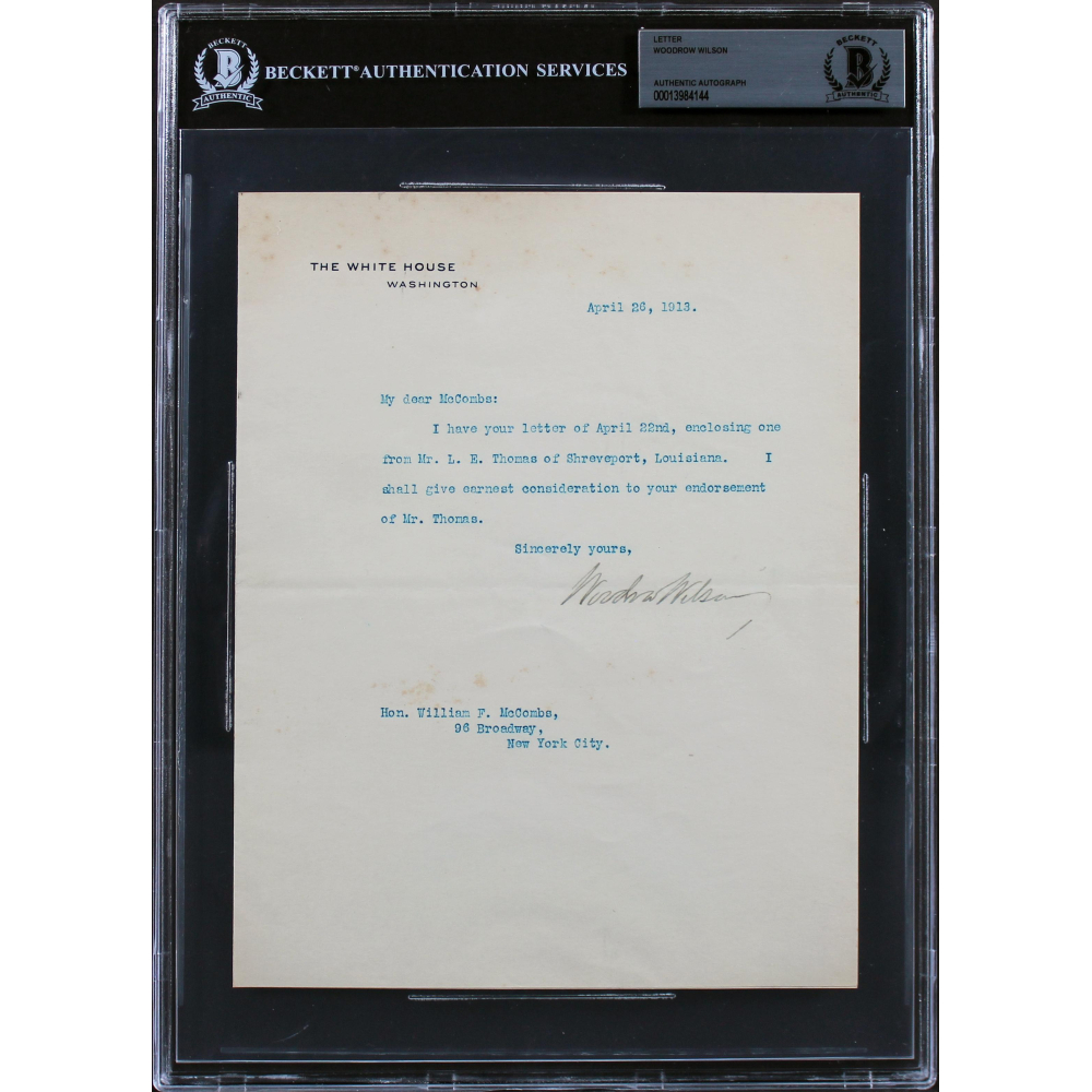 Woodrow Wilson Signed 1913 Letter with White House Letterhead (BAS ...
