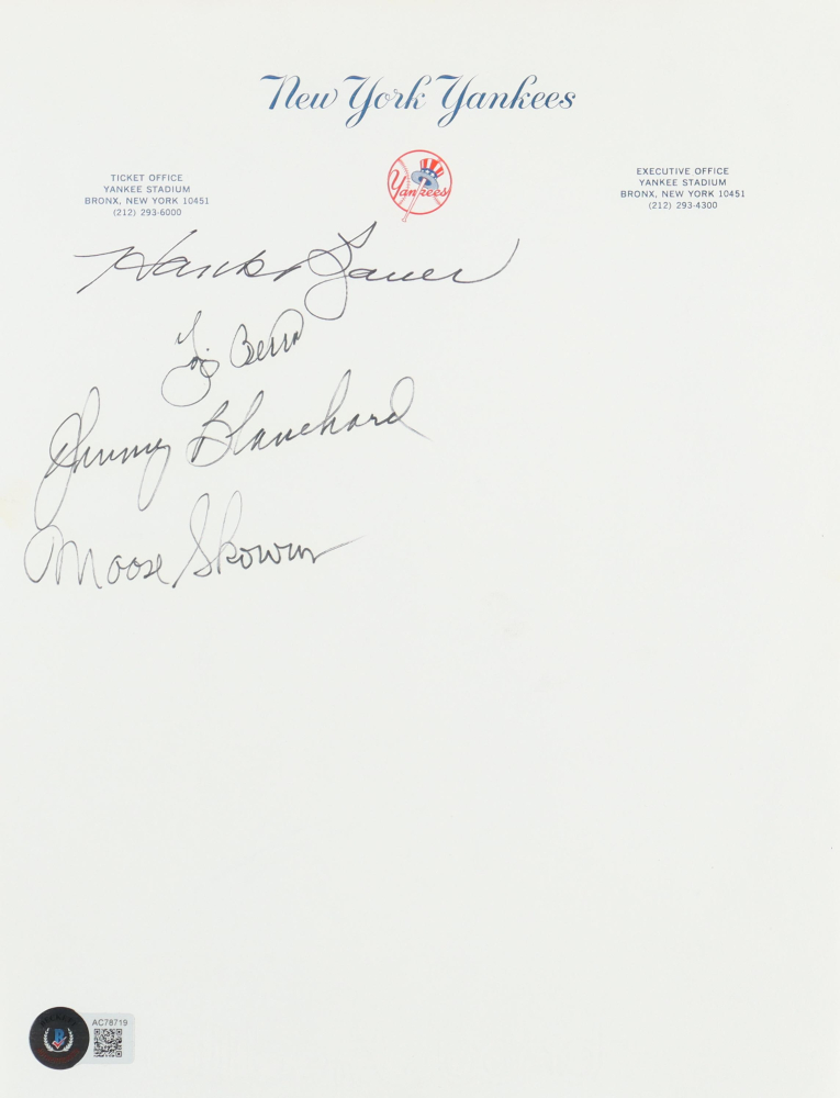Yankees Letter Head Signed by (4) with Yogi Berra, Johnny Blanchard ...