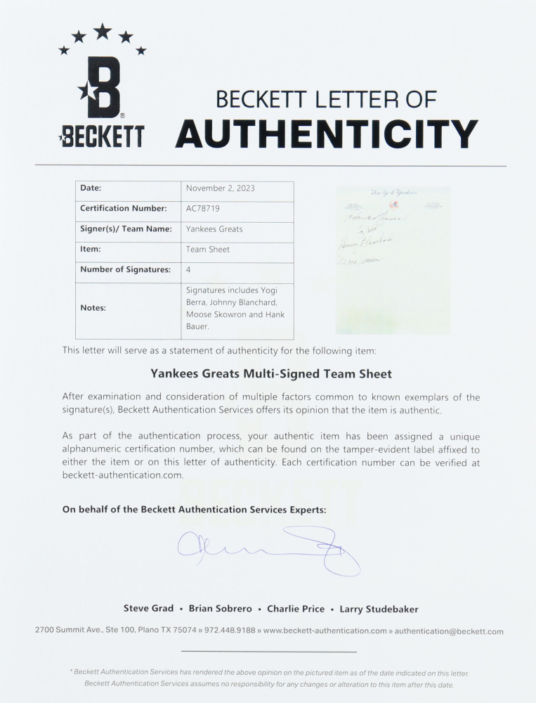 Yankees Letter Head Signed by (4) with Yogi Berra, Johnny Blanchard ...