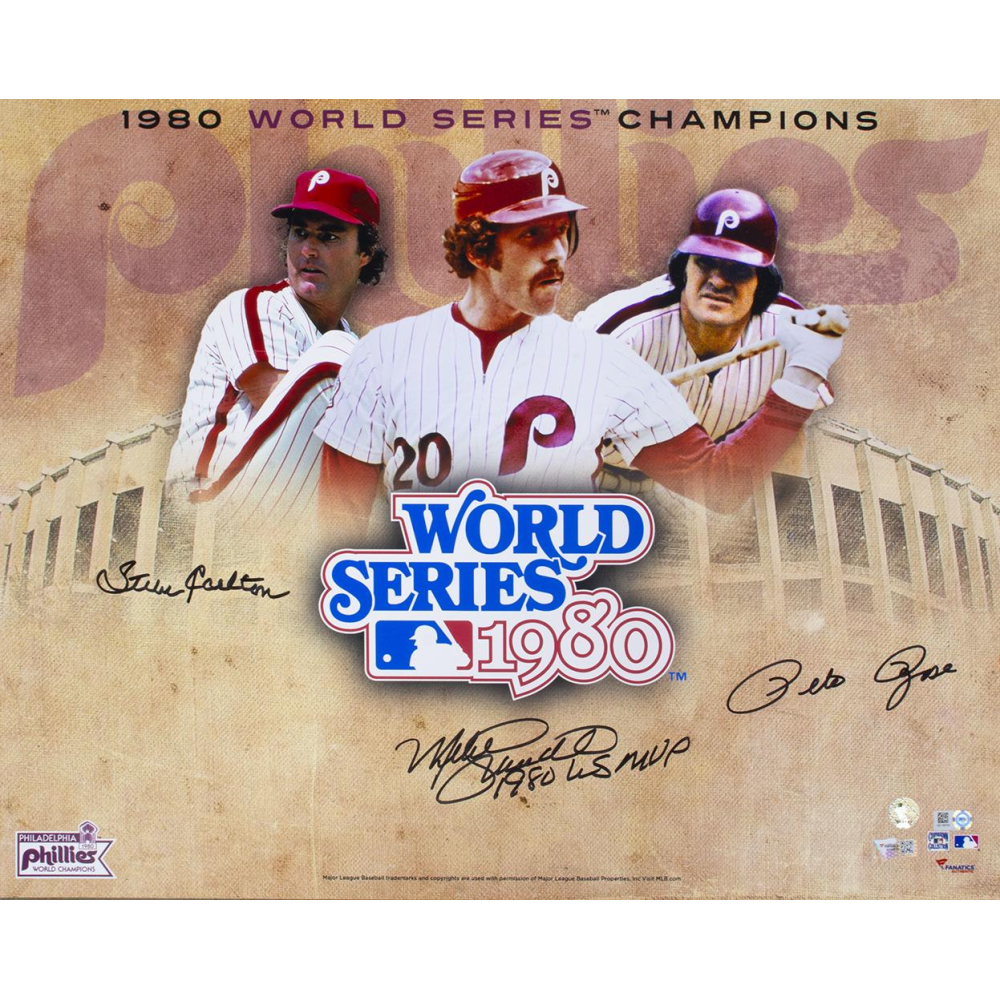 Steve Carlton, Pete Rose & Mike Schmidt Signed Phillies 16x20 Photo Inscribed "1980 WS MVP ...
