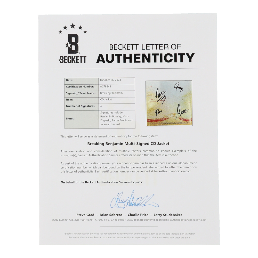 Breaking Benjamin "Saturate" CD Album Booklet Band-Signed by Benjamin ...