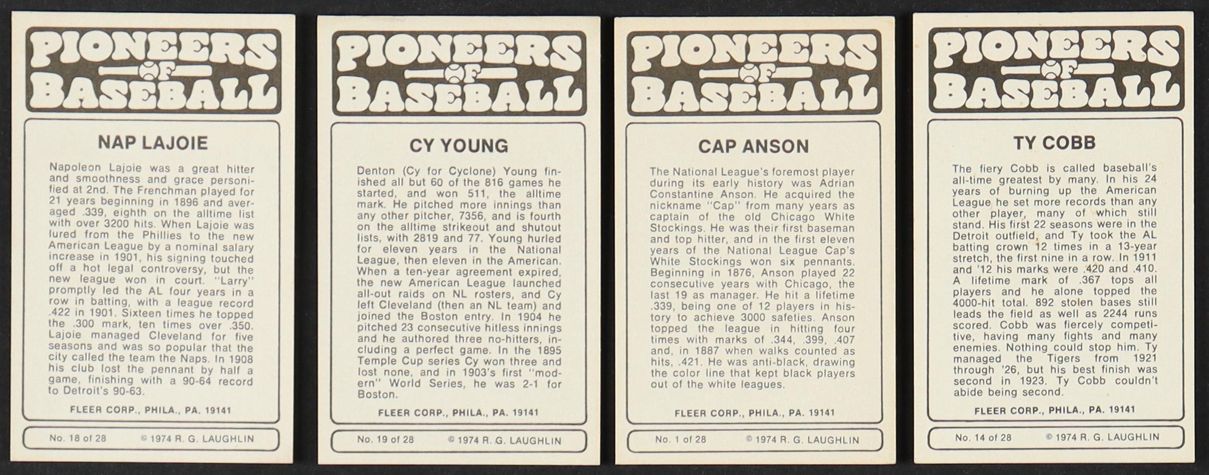 1975 Fleer Pioneers Baseball Complete Set of (28) Cards with Ty Cobb ...