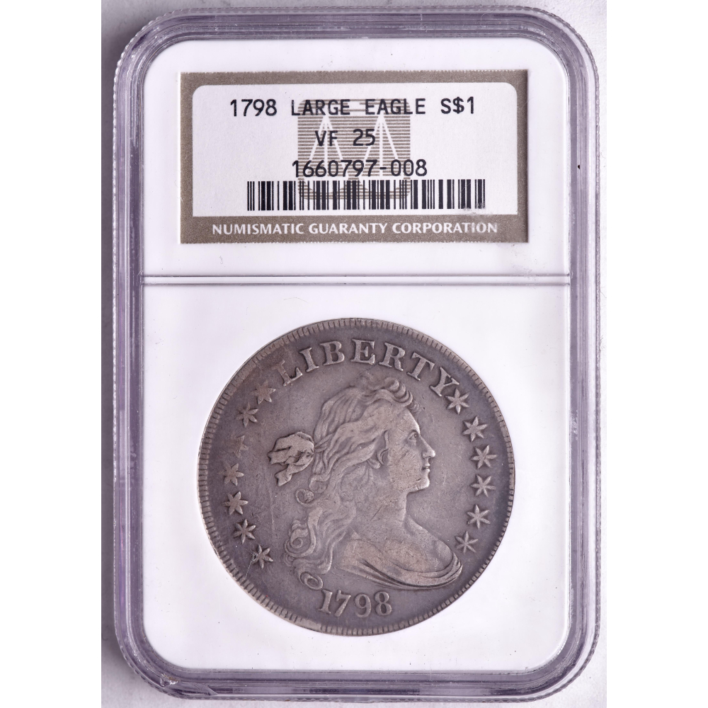 1798 Draped Bust Silver Dollar, Large Eagle (NGC VF25) | Pristine Auction