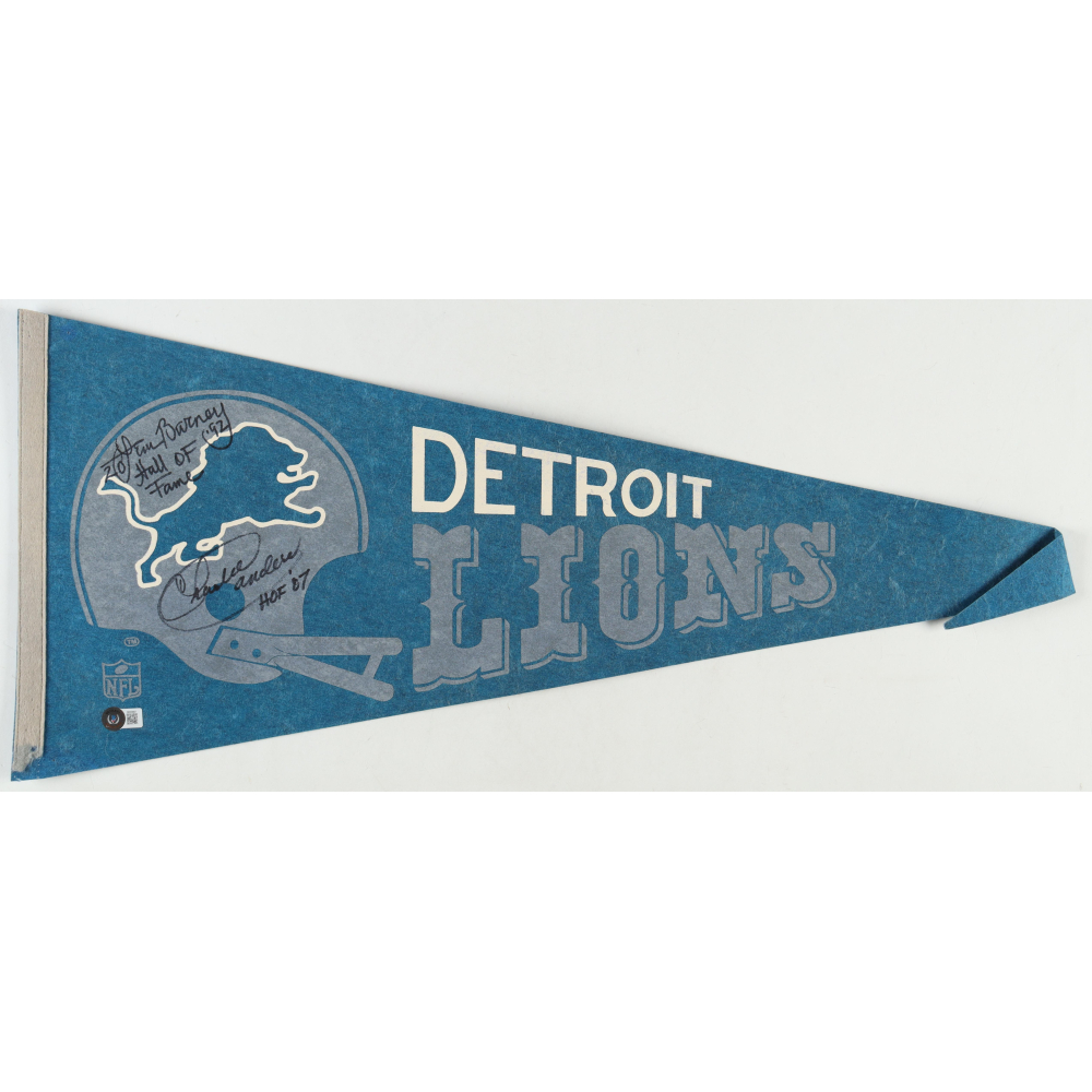 Lem Barney & Charlie Sanders Signed Lions Pennant Inscribed "Hall of ...