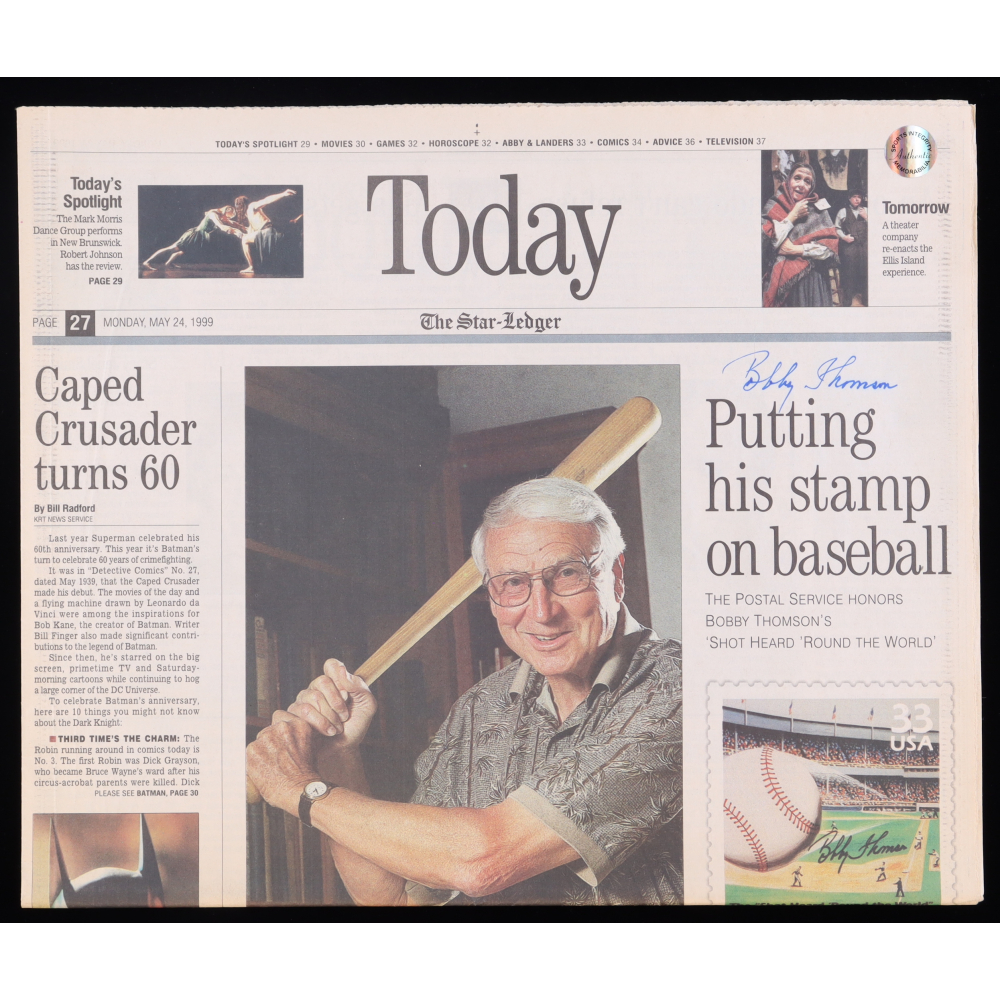 Bobby Thomson Signed 1999 The Star Ledger Newspaper (Sports Integrity ...