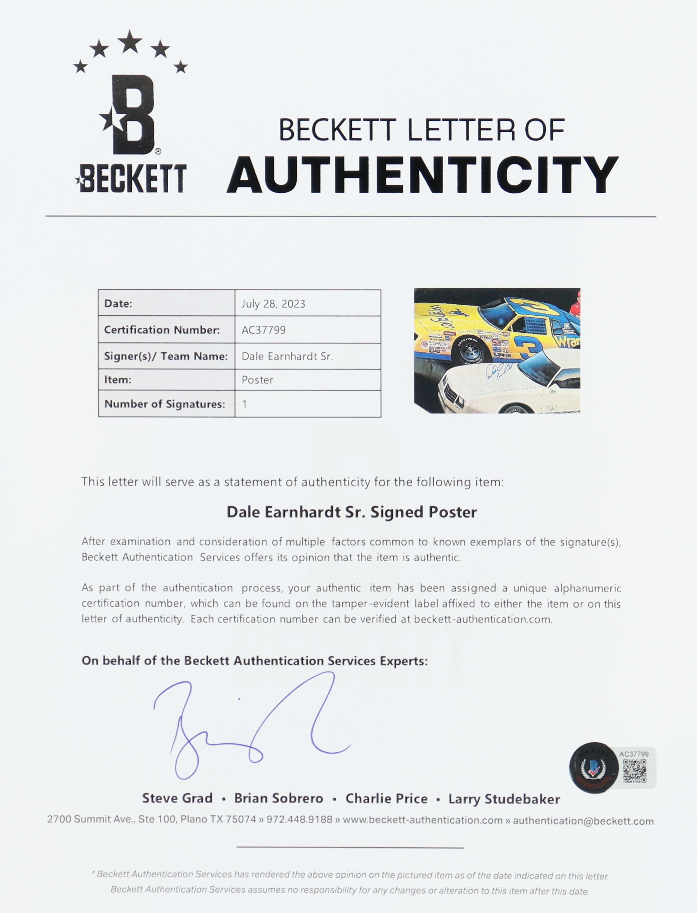 Dale Earnhardt Sr. Signed 24x36 Chevrolet Poster (Beckett) | Pristine ...