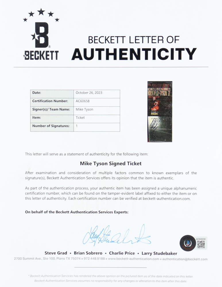 Mike Tyson Signed Replica Ticket Shadowbox Display (Beckett) | Pristine ...