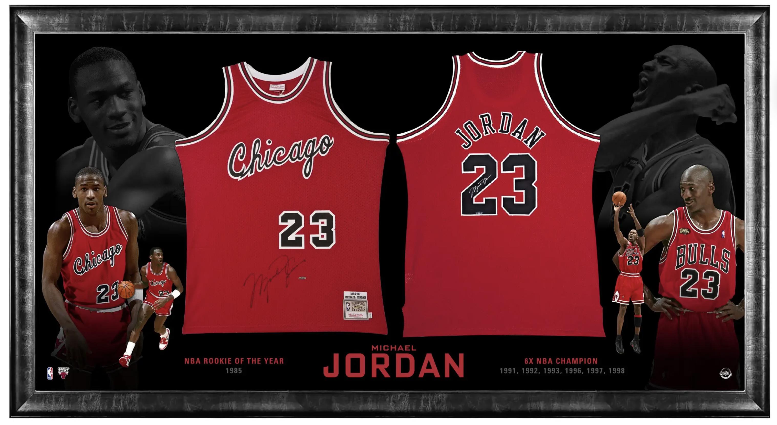 Michael Jordan Signed Bulls "Air of Greatness" Custom Framed Jersey Display with (2) Signed ...