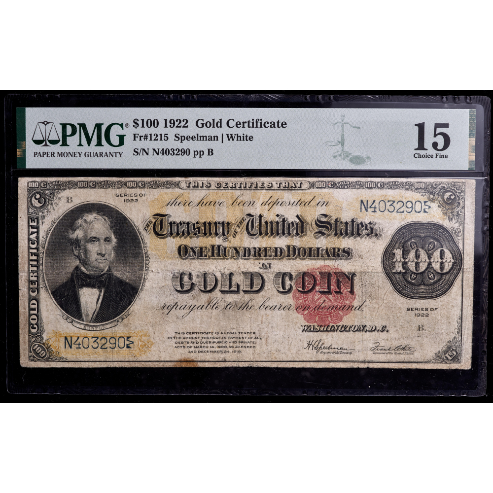 1922 $100 Gold Certificate Bank Note - Speelman / White Fr#1215 (PMG ...
