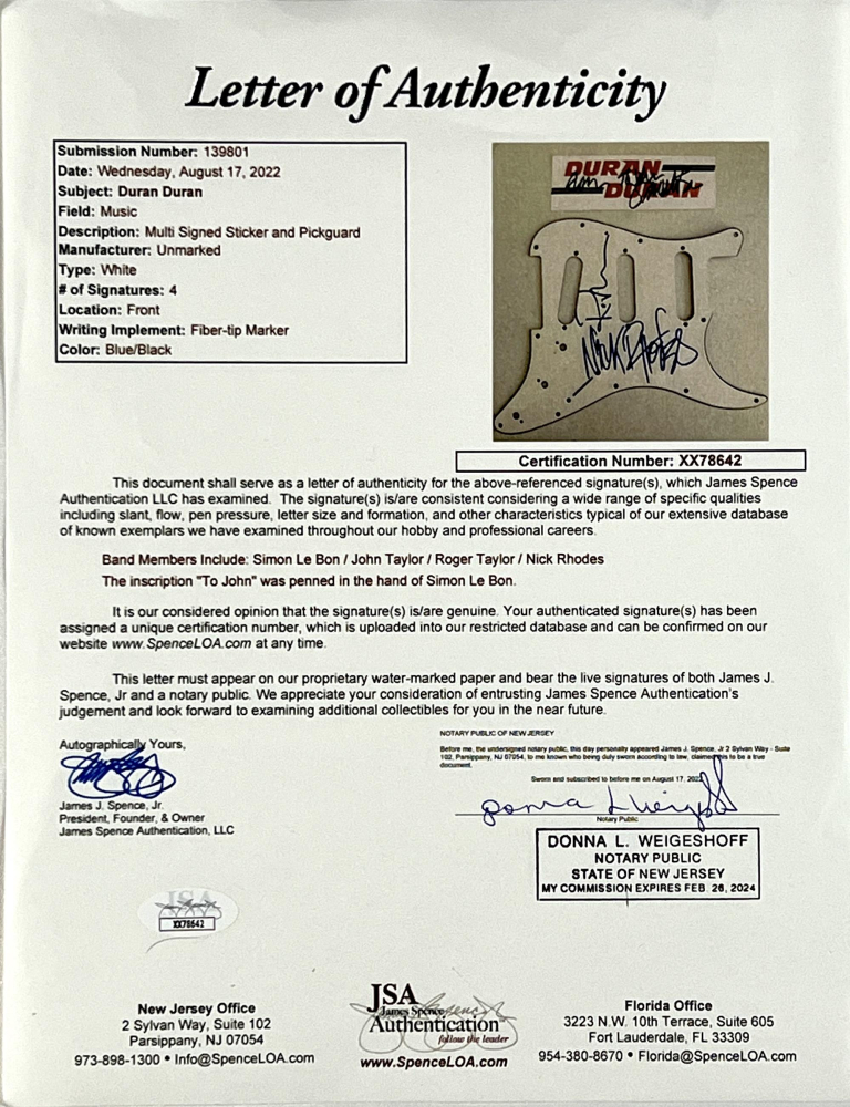 Duran Duran Signed 39" Electric Guitar Band-Signed by (4) with Nick ...