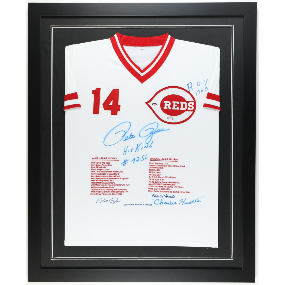 Pete Rose Signed LE Custom Framed Career Highlight Stat Jersey Display ...