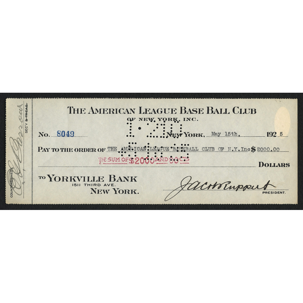 Jacob Ruppert Signed Original New York Yankees Check from 1925 (JSA ...