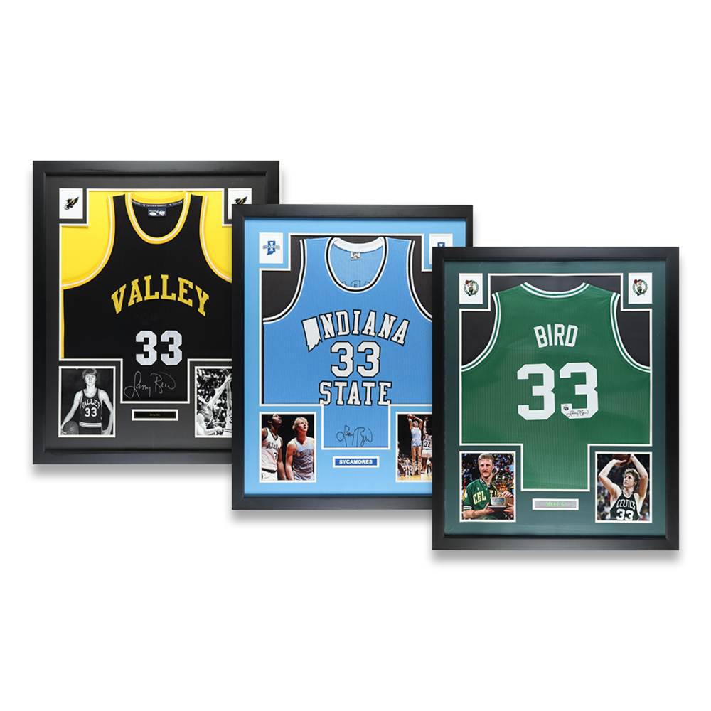 Larry Bird Signed Set of (3) Custom Framed Career Jerseys with Celtics, Indiana State & Valley ...