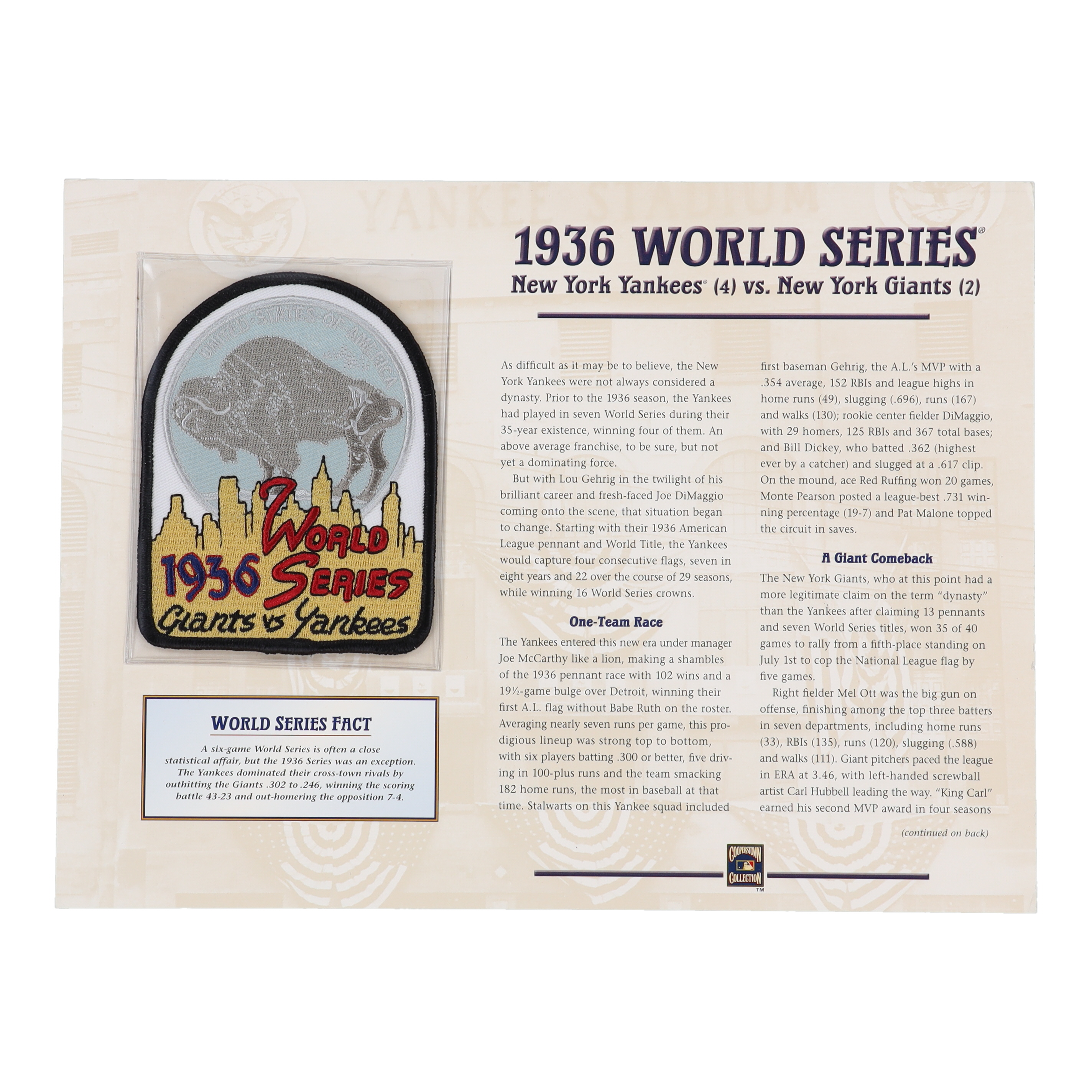 Official Cooperstown Collection 1936 World Series Patch Card with 9x12 ...
