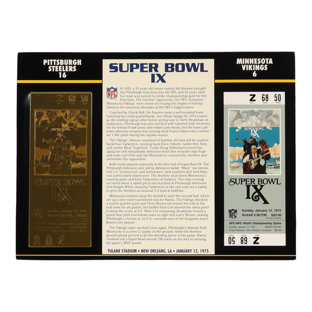 1975 Commemorative Super Bowl IX Card with Commemorative 23 Karat Gold ...