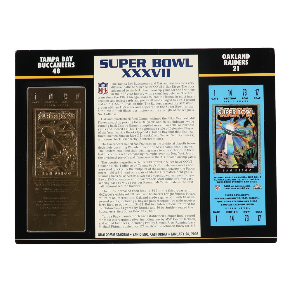 2003 Commemorative Super Bowl XXXVII Card with Commemorative 23 Karat Gold Ticket: Tampa Bay ...