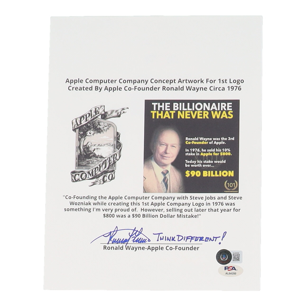Ronald Wayne Signed 8x10 Photo Inscribed "Think Different!" (Beckett ...