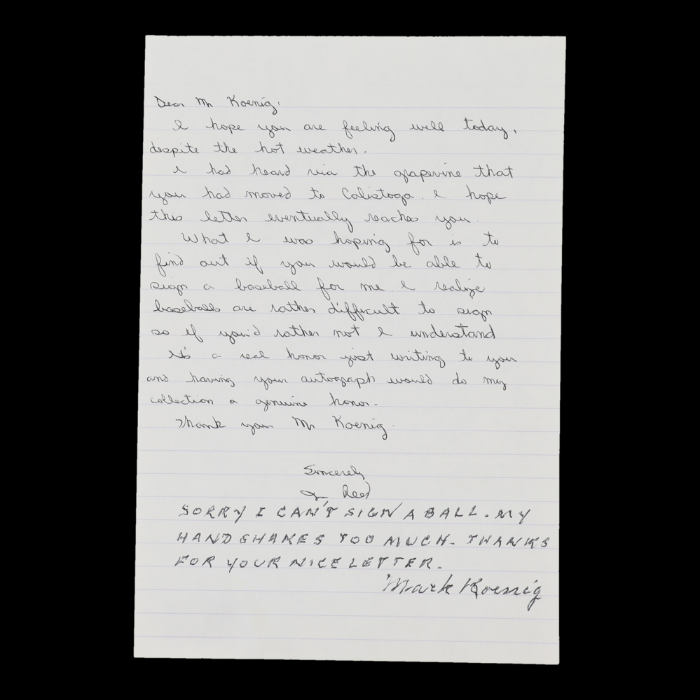 Mark Koenig Signed Handwritten Letter (Beckett) | Pristine Auction