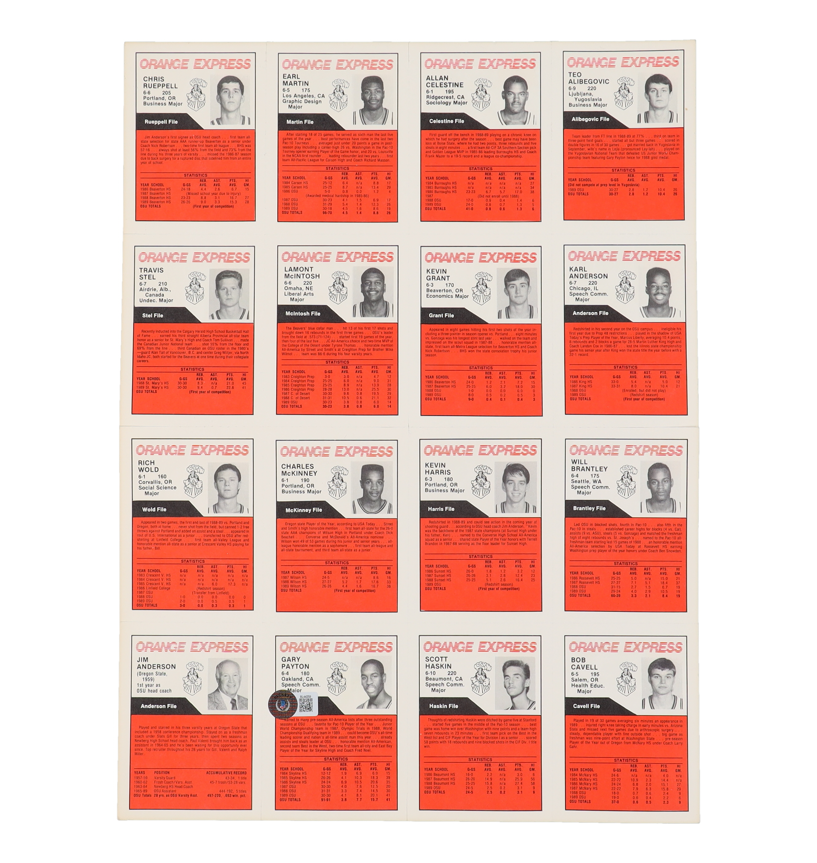 Gary Payton Signed 1989-90 Oregon State Uncut Sheet of (16) Cards ...