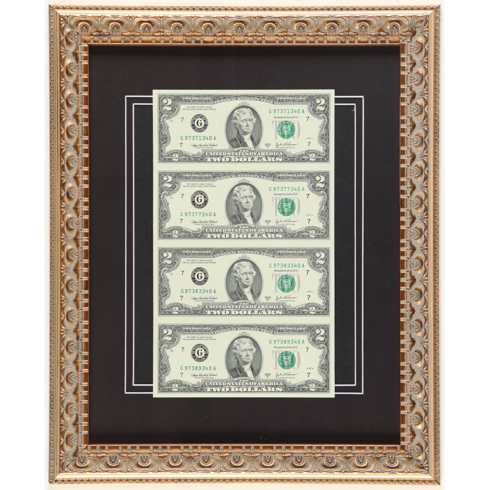 U.S. $2 Dollar Bill Custom Framed Uncut Sheet Of (4) Bills | Pristine ...