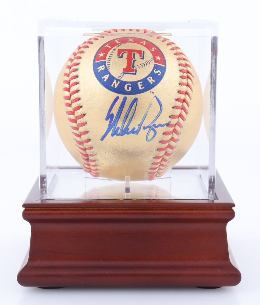 Nolan Ryan Signed Rangers Logo Gold Baseball with Display Case (PSA ...