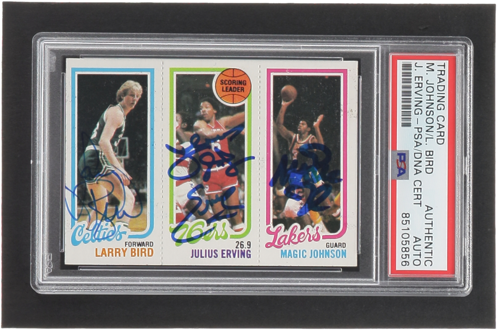 Larry Bird, Julius Erving & Magic Johnson Signed 1980-81 Topps #6 34 RC /174 TL / 139 RC (PSA ...