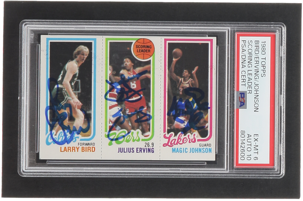 Larry Bird, Julius Erving & Magic Johnson Signed 1980-81 Topps #6 34 RC /174 TL / 139 RC (PSA 6 ...