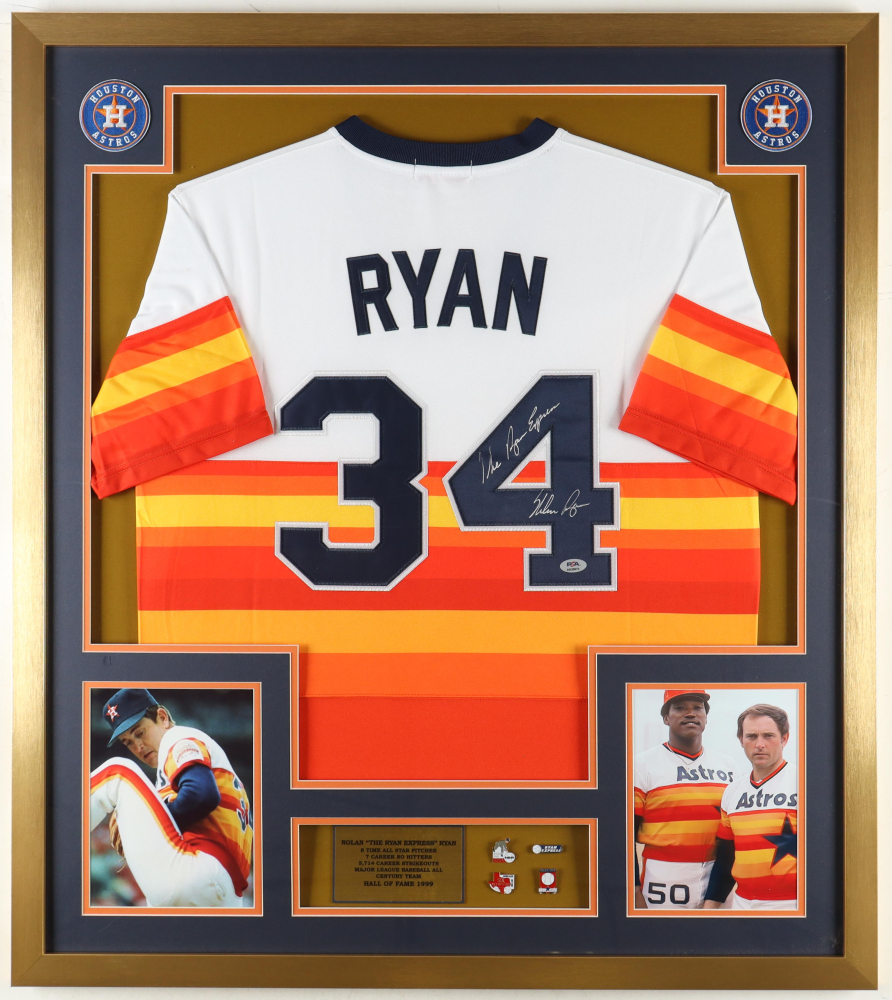 Nolan Ryan Signed Custom Framed Jersey Display With (4) Career Stat Pins Inscribed "The Ryan ...